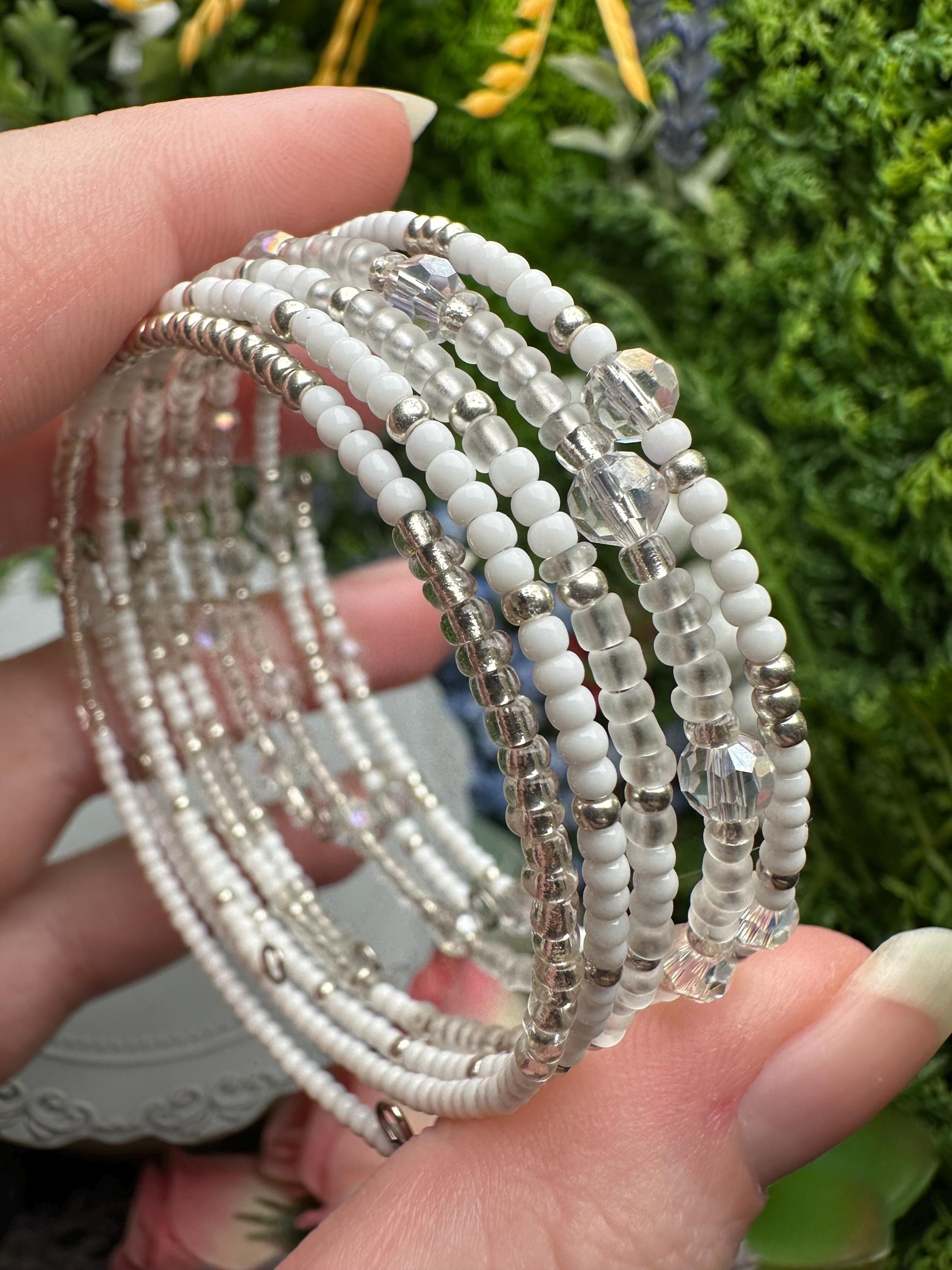 Silver and White Seed Bead Memory Wire Stacking Bracelet Set - 5 Pcs ...