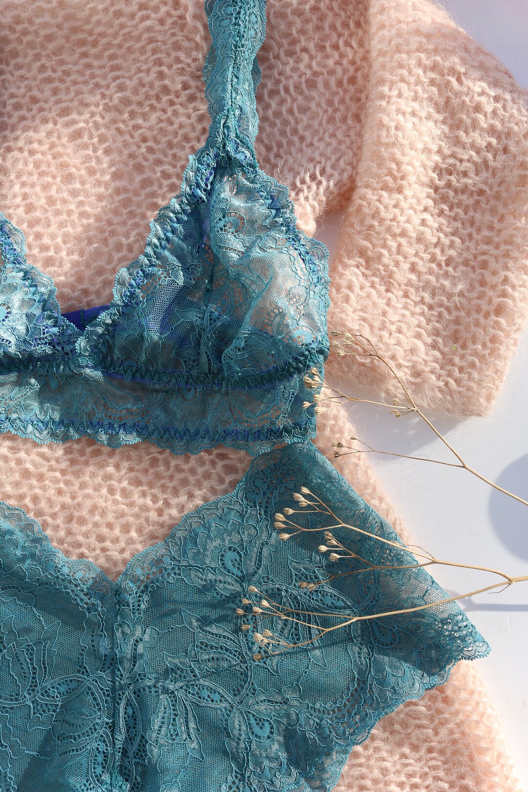 Aquamarine Triangle Lace Bralette With a Choice of Thong or French ...