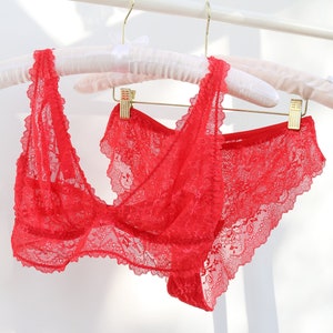 Cherry Red Lace Bralette and Brief Set A-GG Cup Luxury Lace Lingerie ...