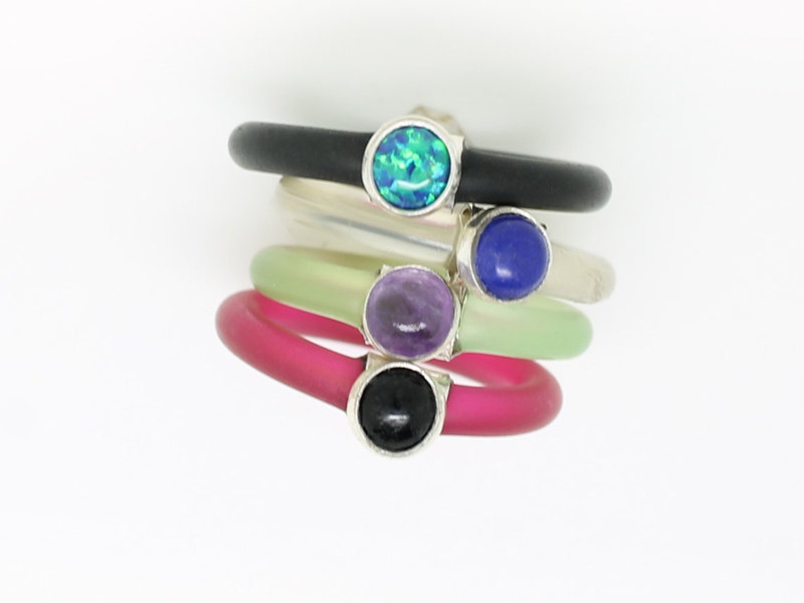 Colorful Stack Ring Silver and Colorful Rubber Ring With a - Etsy