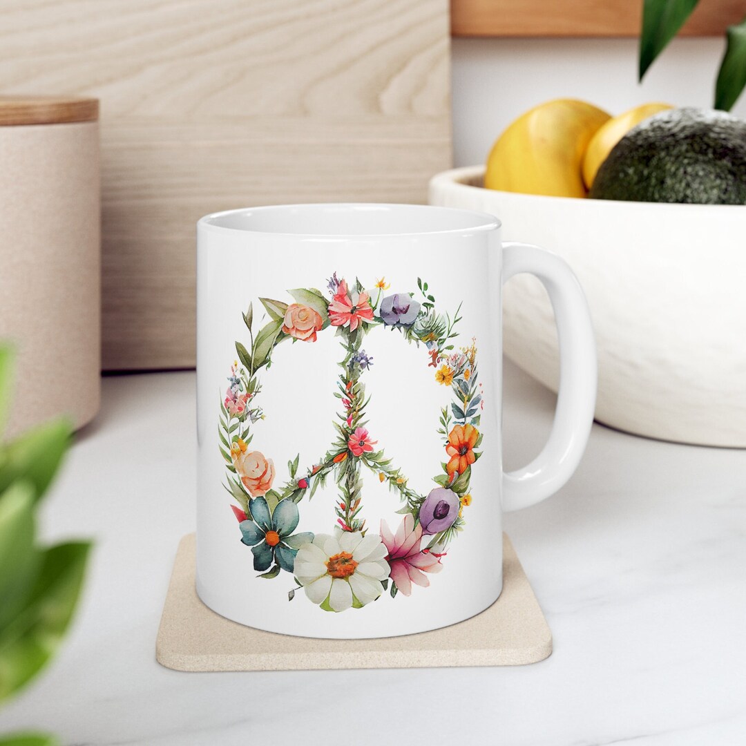 Boho Floral PEACE SIGN Coffee Mug, 11oz, Floral Theme, Boho Mug, Floral ...