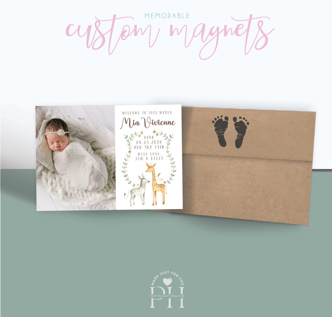Baby Girl Birth Announcement Magnets | Safari Theme Newborn Photo ...