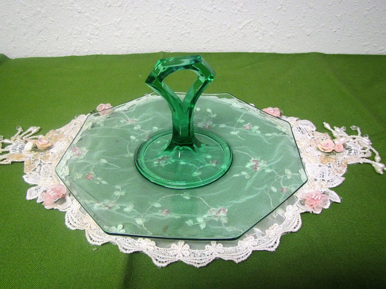 Vintage Octagon Green Glass Serving Tray With Center Handle , Tidbit ...