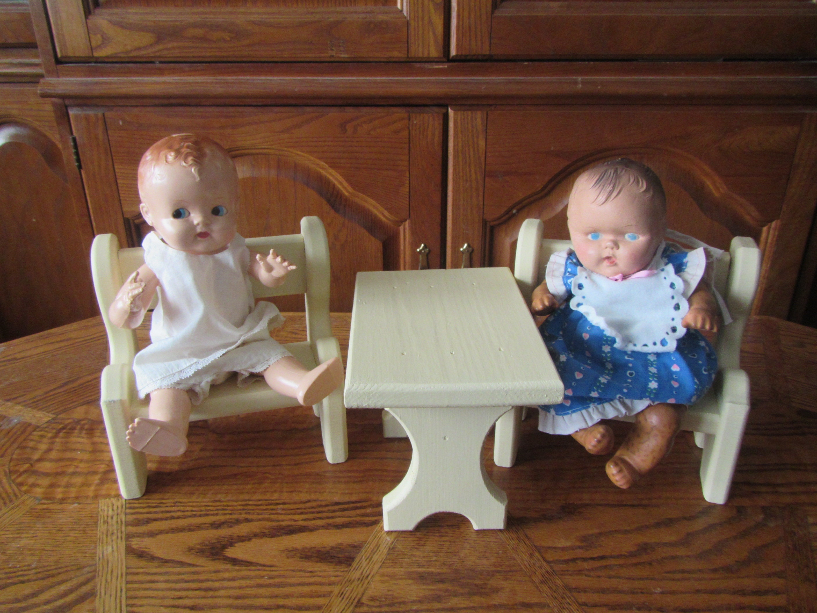 Wooden Table and 2 Benches , Fits 10 and 11 Inch Dolls and Barbie Size ...