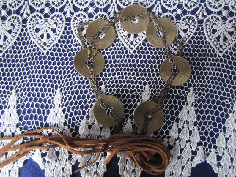 Vintage Antique Brass Chain and Disc Belt With Leather Strip Ends - Etsy