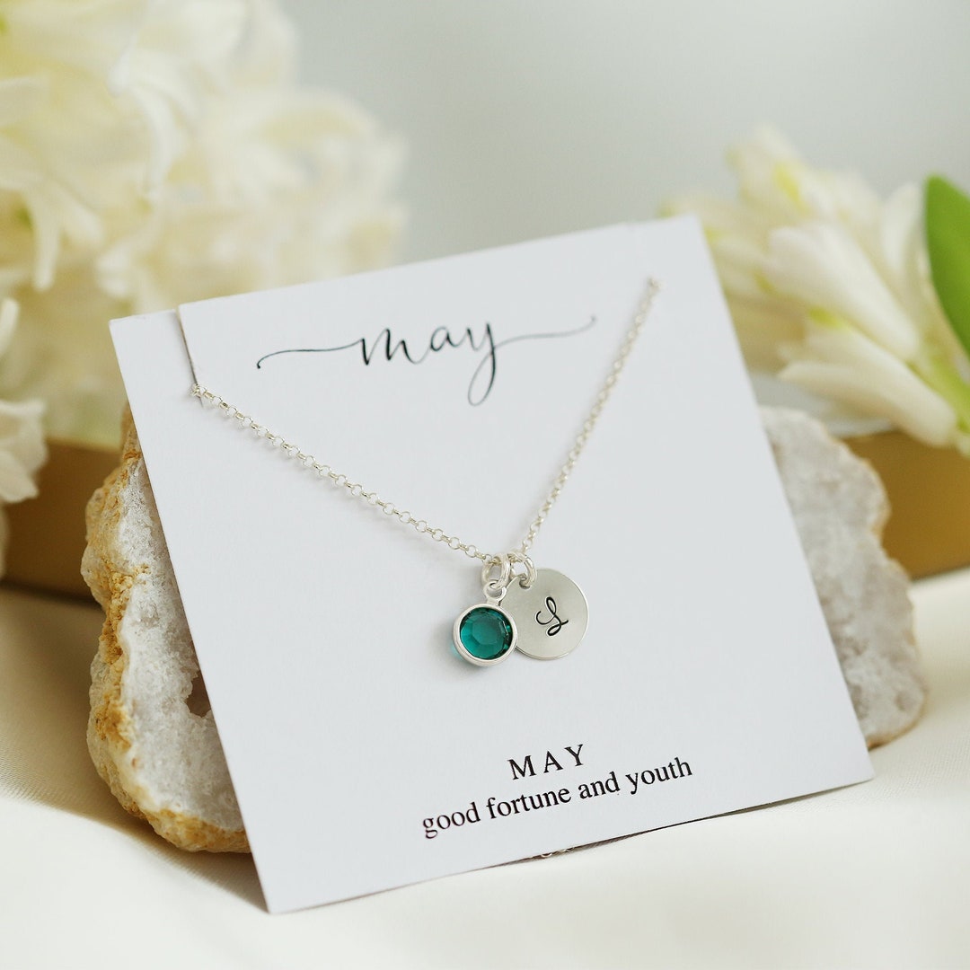 Sterling Silver Initial Charm, Emerald May Birthstone Necklace ...