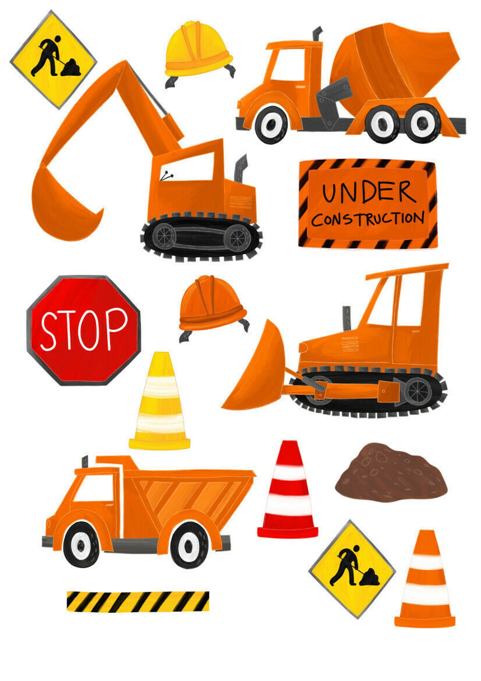 Construction Digger Builder Wall Stickers - 4 Sizes Available Orange ...