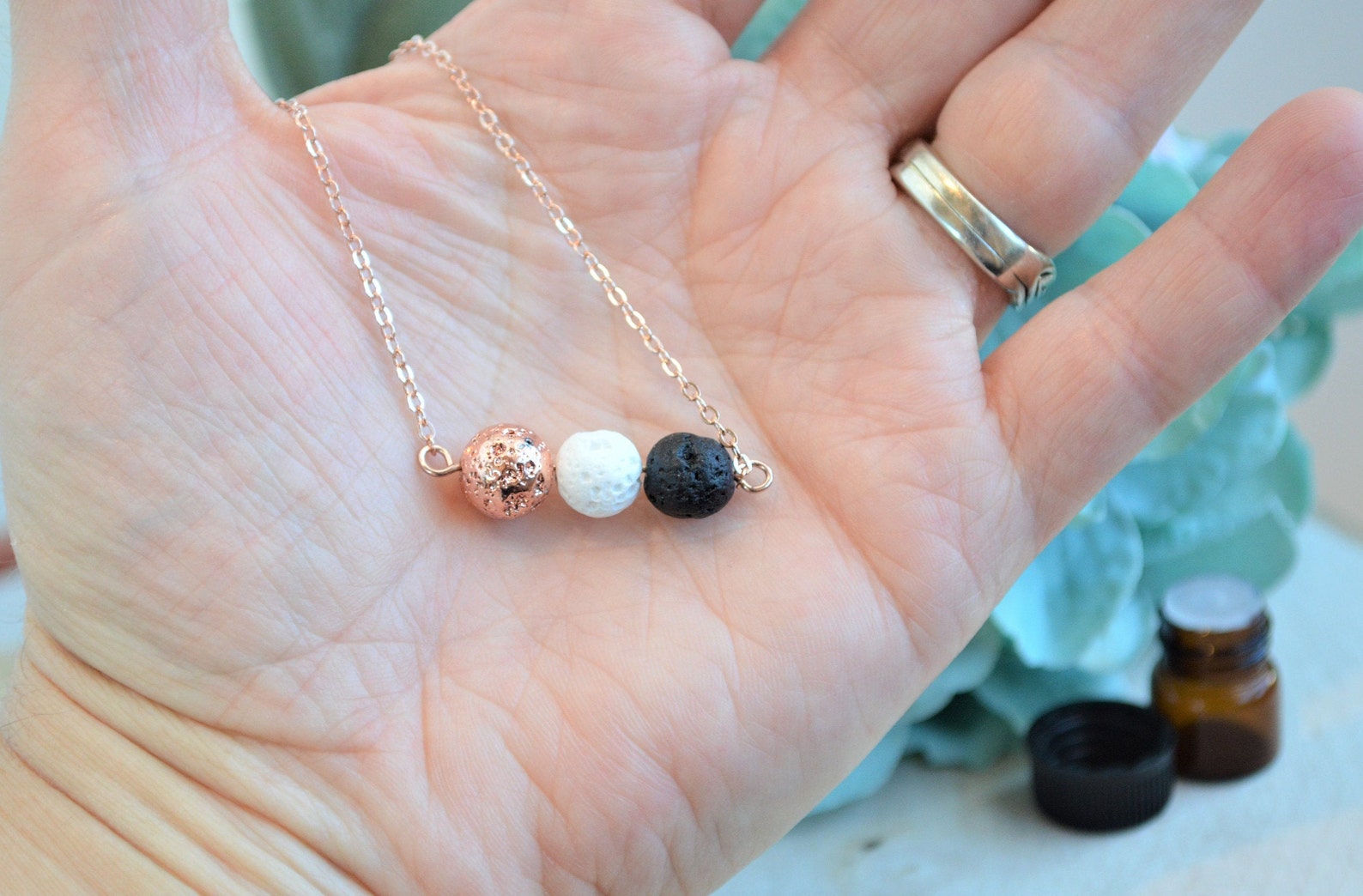 Trio Lava Bead Necklace, Essential Oil Necklace, Rose Gold Diffuser ...