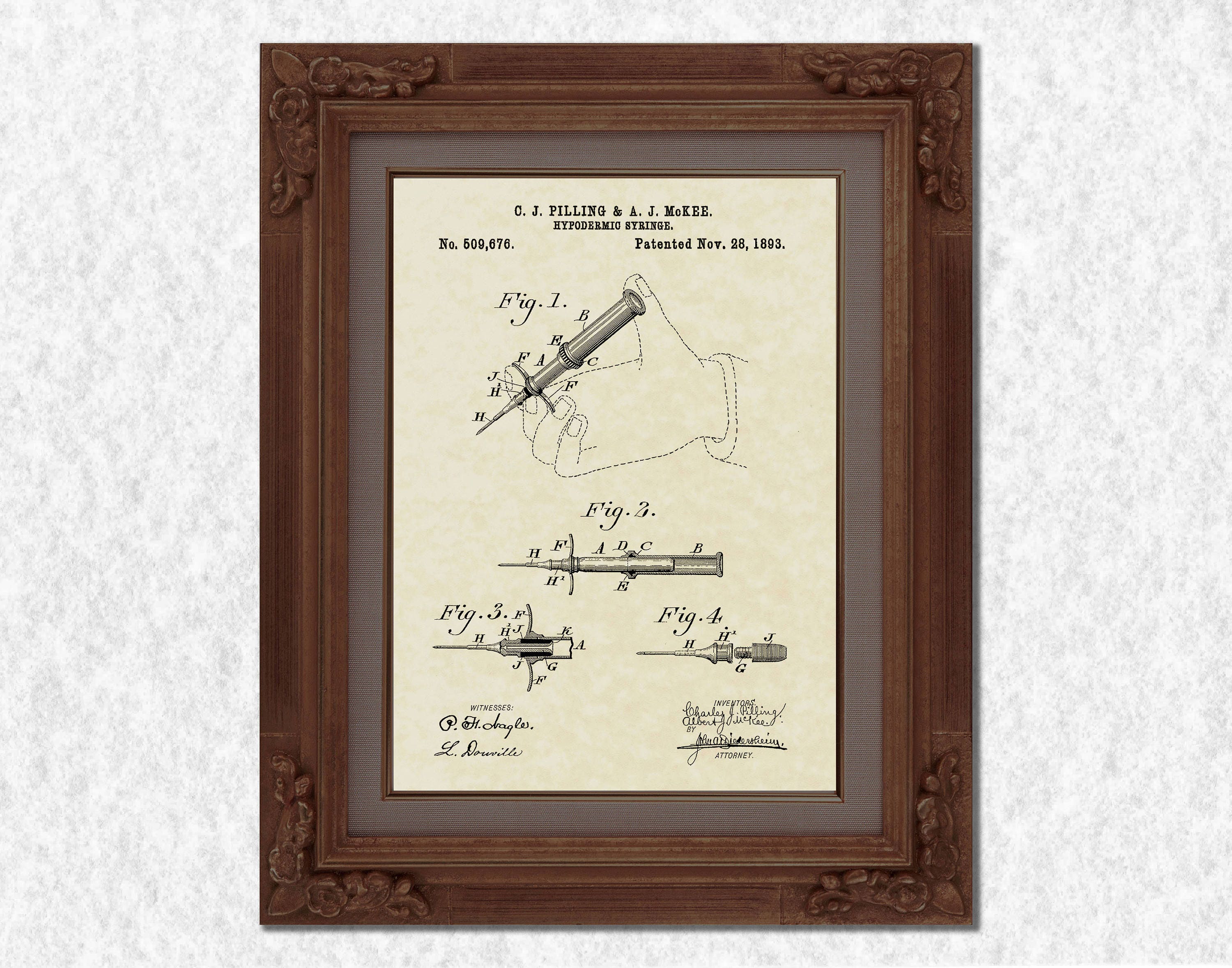 1893 Hypodermic Syringe Patent Print on Parchment Paper - Medical Decor ...