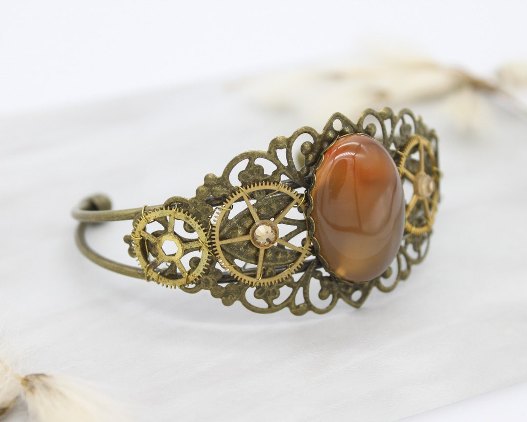 Bronze Steampunk Filigree Cuff Bracelet: Brass Clock Gears, Natural ...