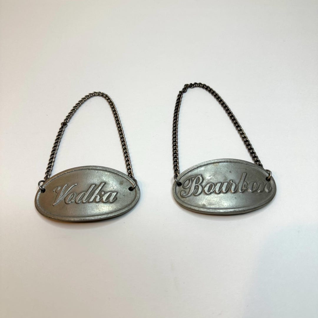 2 Vintage Woodbury Pewter Bottle Tags. Vodka Bourbon Hanging Signs ...