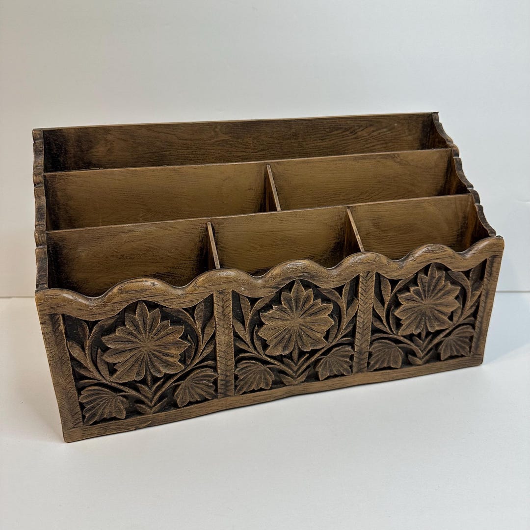 Vintage Lerner Faux-wood Desk Organizer. Brown Plastic Floral Paper ...