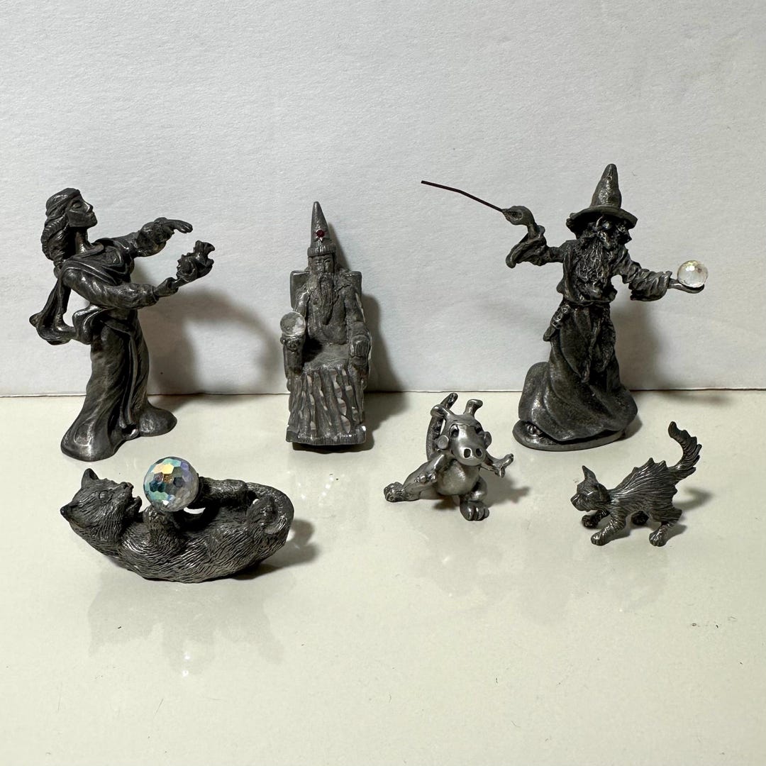 6 Vintage Wizard Pewter Figurines. Dragons Wizards Cats Crystal Balls ...