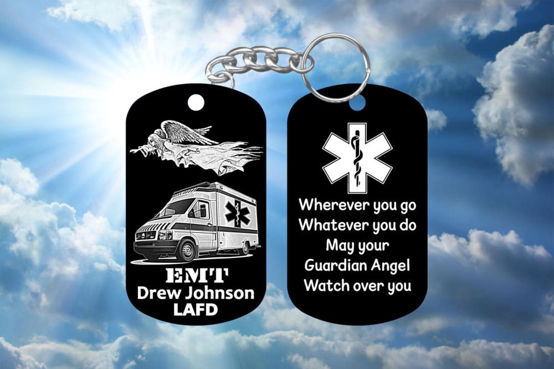 EMT Gift - Guardian Angel and Prayer Dog Tag Keychain - Hard Anodized ...