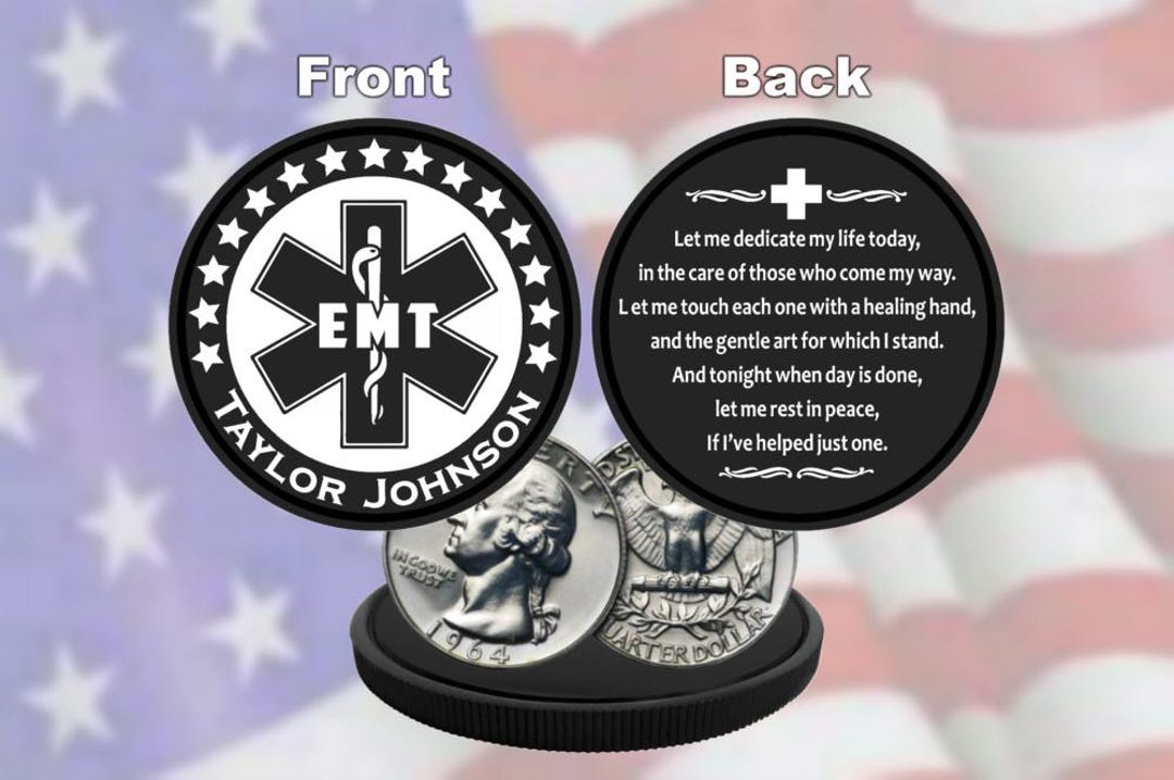 EMT Personalized Coin With Prayer - Laser Engraved Challenge Coin Size ...