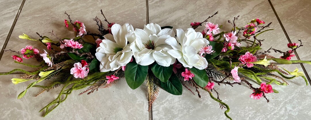 MAGNOLIA & PINK SAKURA Centerpiece - Farmhouse Chic Elegant Floral ...