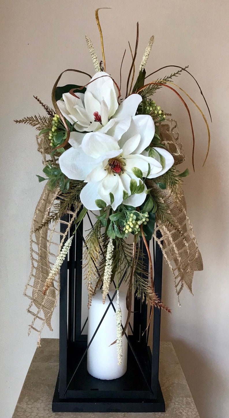 MAGNOLIA CHARM (burlap) - Decorative Farmhouse Lantern Swag Tabletop ...
