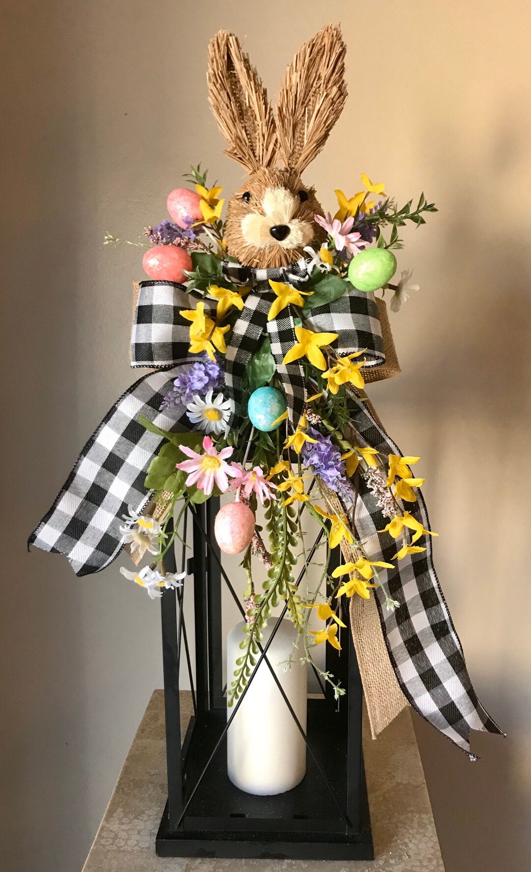 BUNNY TRAIL black Buffalo Check Decorative Easter/spring Lantern Swag Tabletop Arrangement - Etsy