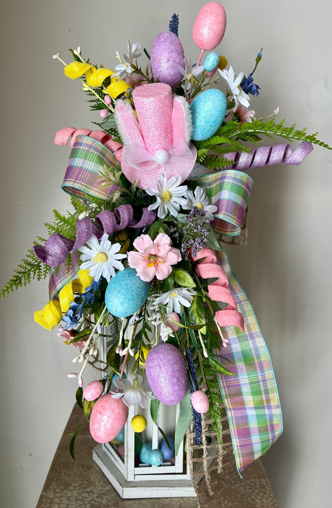 FUNNY BUNNY (pink) - Decorative Whimsical Chic Easter/spring Lantern Swag Tabletop Arrangement ...