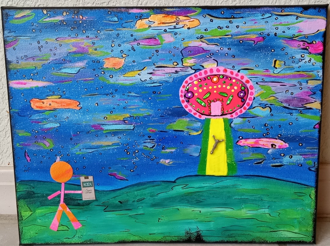 UFO Alien Abduction Painting hey Man You Forgot Your Smokes Mixed Media ...
