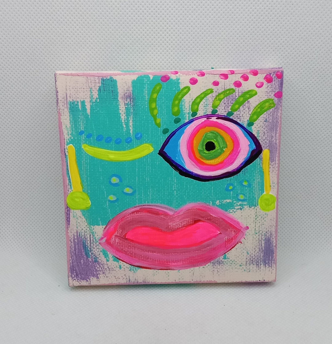 Mini Abstract Face Painting "deandra" 4x4" Colorful Little Art for Desk ...