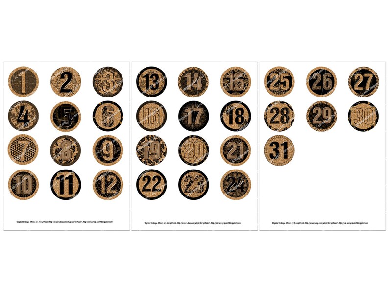 Printable DECEMBER DAILY NUMBERS Baroque (1, 1.5, 2 Inch Circles ...