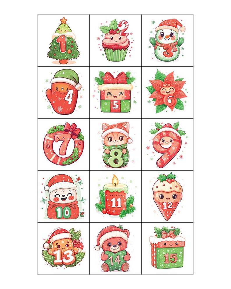 Printable Kawaii DECEMBER DAILY NUMBERS. Advent Calendar Numbers (2 ...