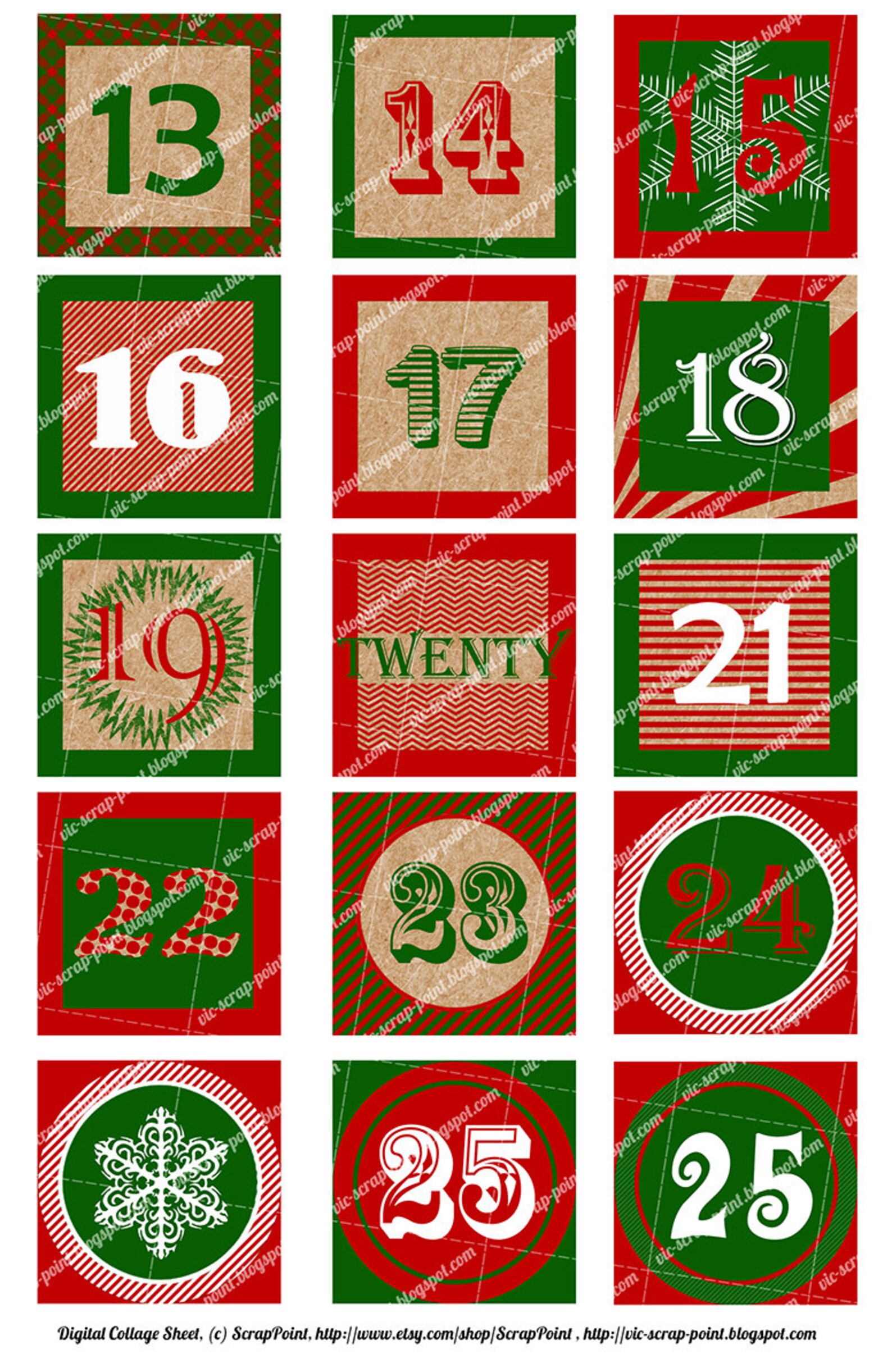 Printable DECEMBER DAILY NUMBERS 1, 1.5 and 2 Inch Squares Advent ...