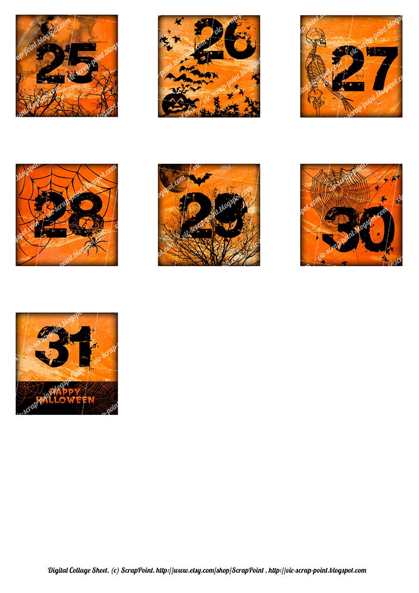 Printable HALLOWEEN DAILY NUMBERS Squares 2, 1.5 or 1 Inch, Calendar ...