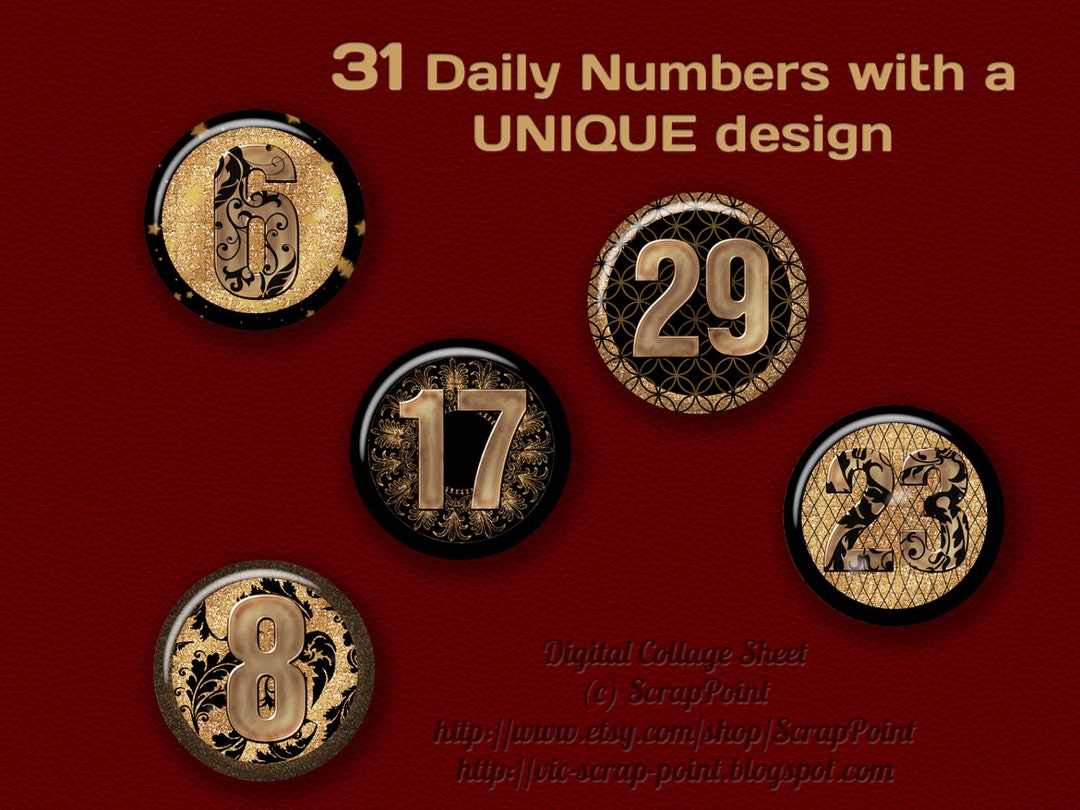 Printable DECEMBER DAILY NUMBERS Baroque (1, 1.5, 2 Inch Circles ...