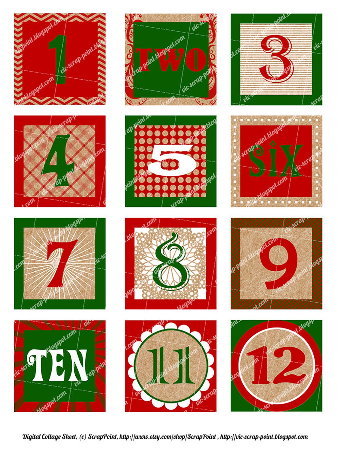 Printable DECEMBER DAILY NUMBERS 1, 1.5 and 2 Inch Squares Advent ...