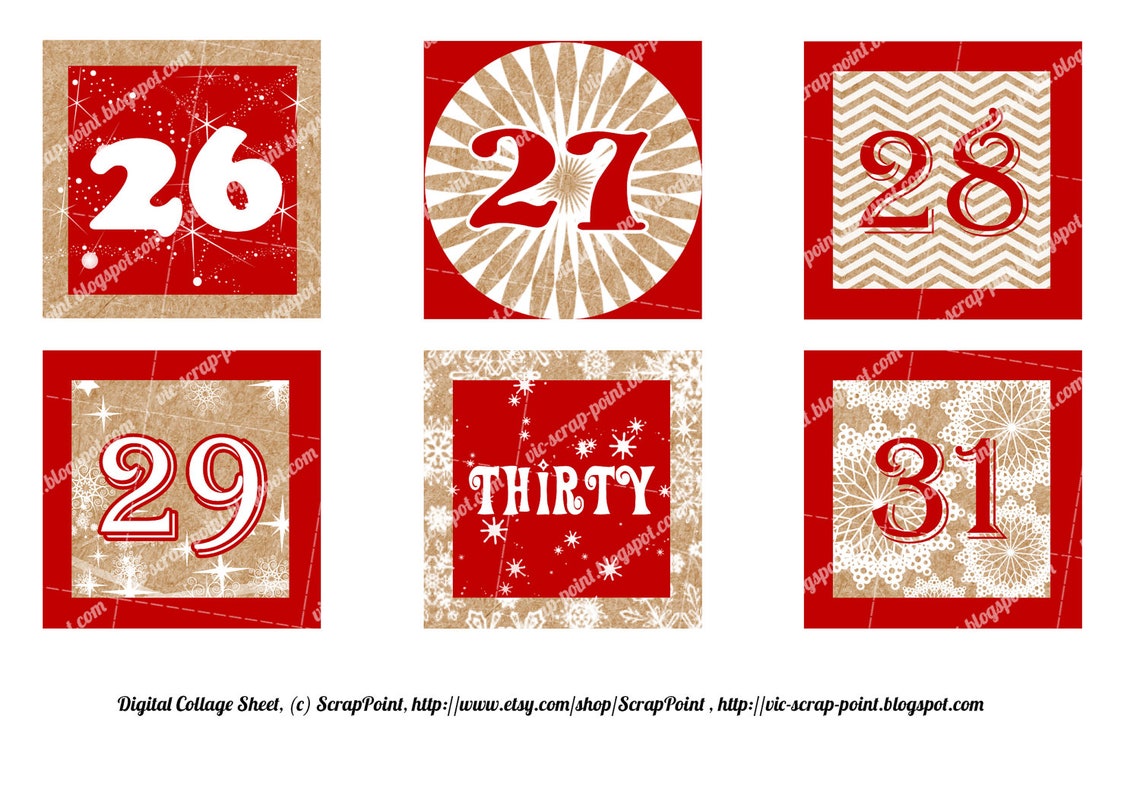Printable DECEMBER DAILY NUMBERS Red 3, 2, 1.5 or 1 Inch, Advent ...