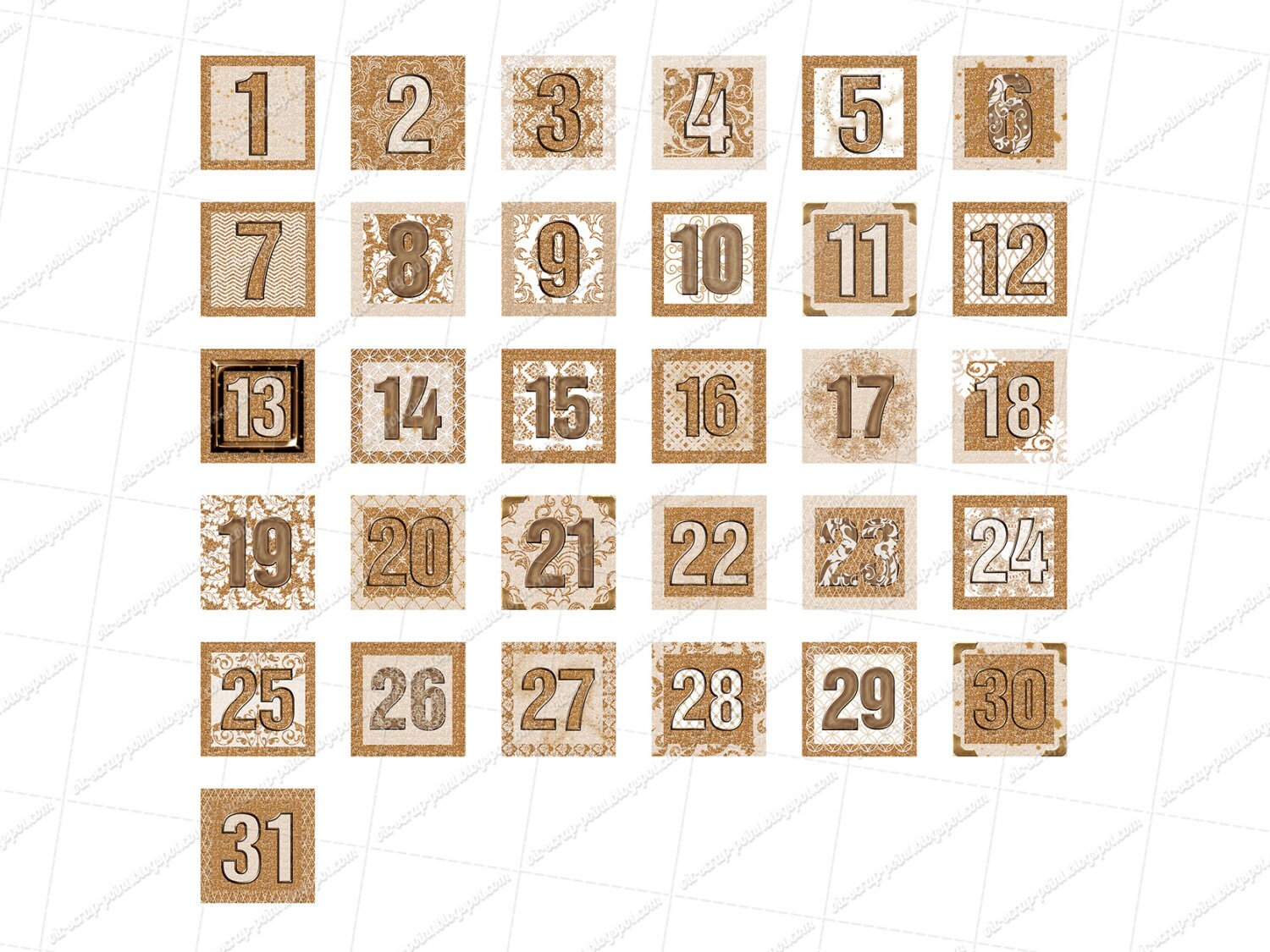 Printable DECEMBER DAILY NUMBERS Baroque 1, 1.5 and 2 Inch, Light ...