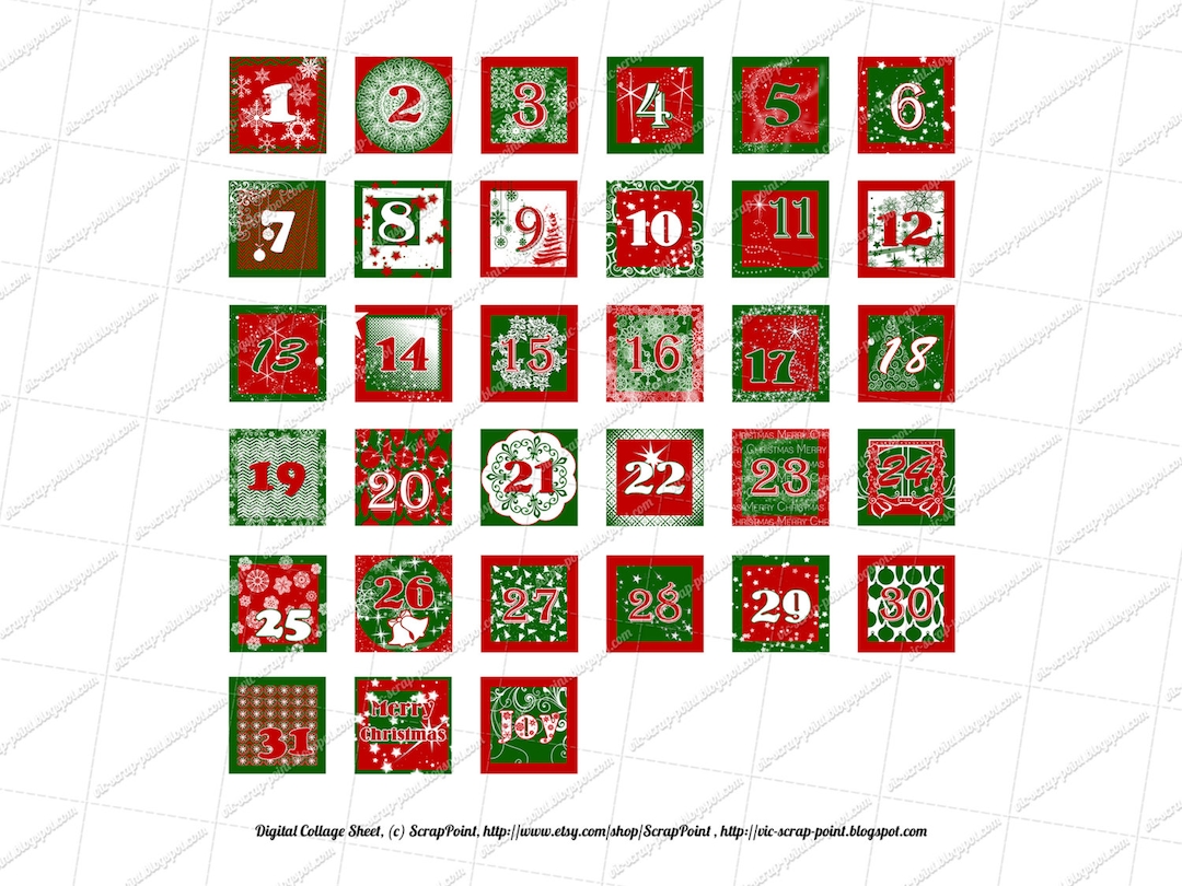 Printable DECEMBER DAILY NUMBERS 1, 1.5, 2 & 3 Inch Squares Advent ...