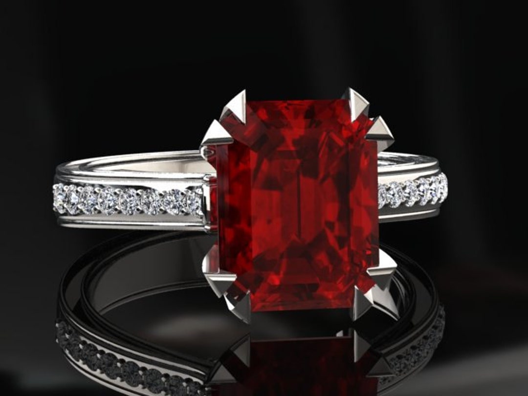 Ruby Engagement Ring 2.00 Carat Emerald Cut Ruby and Diamond Ring in ...