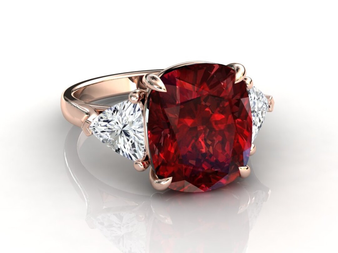 7 Carat Ruby Three Stone Ring, 14k or 18k Rose Gold, Cushion Cut Ruby ...