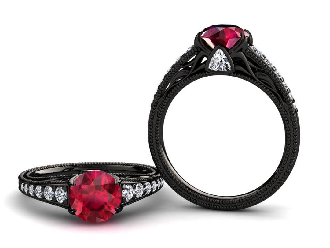 Black Gold Ruby Ring 1.50 Carat Ruby Ring Set With Natural Diamonds in ...