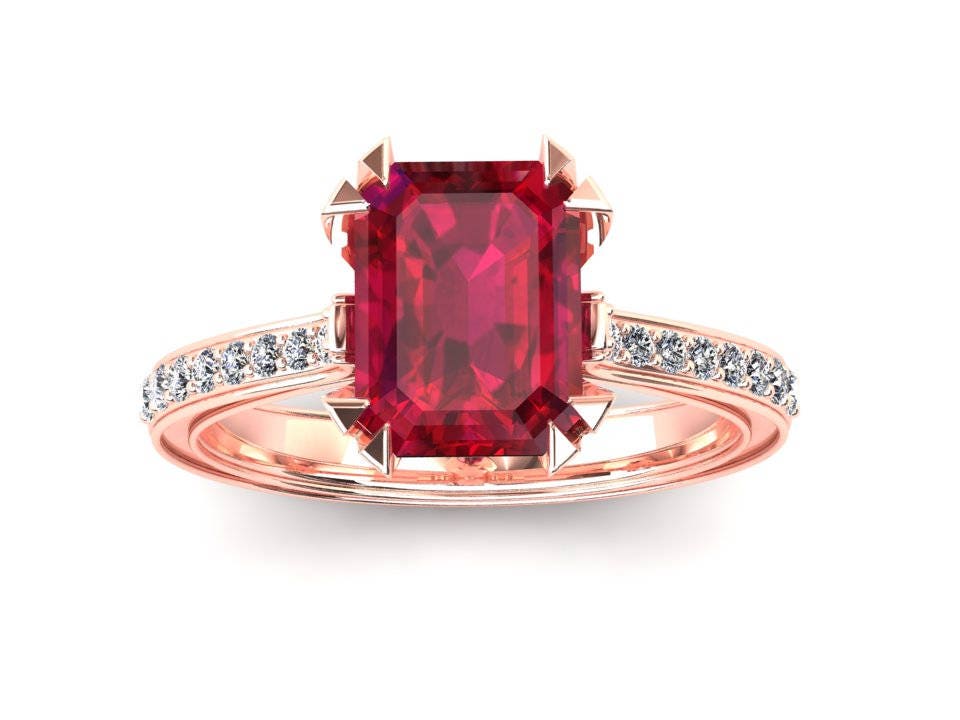 Ruby Engagement Ring 2.00 Carat Emerald Cut Ruby and Diamond | Etsy