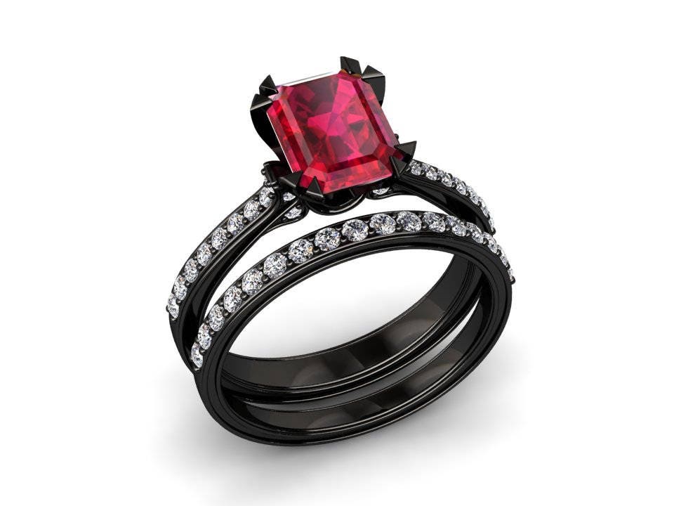 Ruby Engagement Ring 2.00 Carat Emerald Cut Ruby and Diamond | Etsy