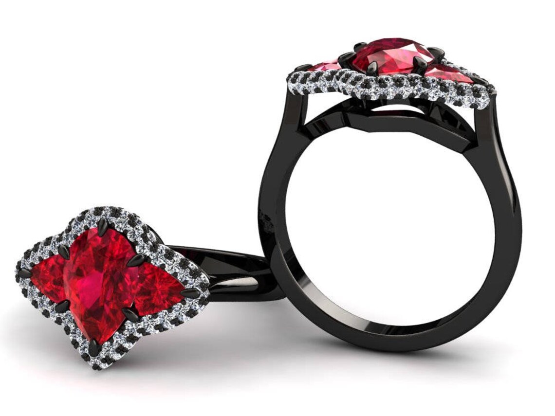 Unique Ruby Ring 1.80 Carat Ruby Three Stone Ring With Pave | Etsy