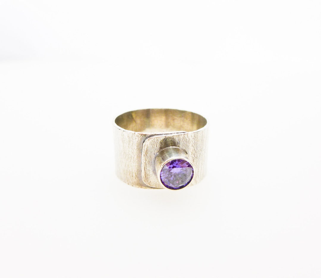 Wide Band Textured Sterling Silver and Amethyst Ring. Tube Set Amethyst ...