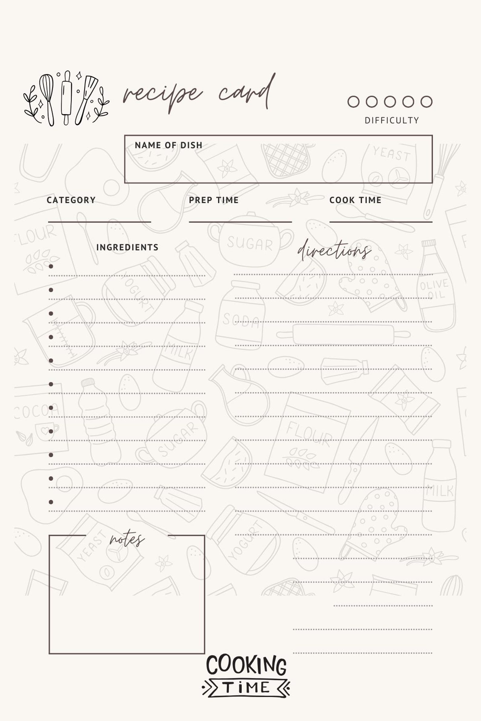 Printable Recipe Card for Cooks Meal Planner Organizer Kitchen Tool ...