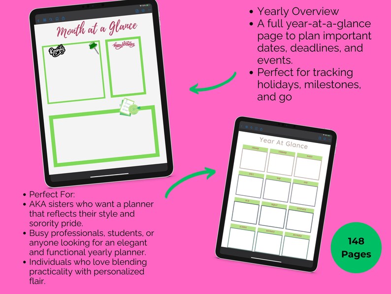 AKA Themed Yearly Planner (pink, Green) – Sorority Inspired ...