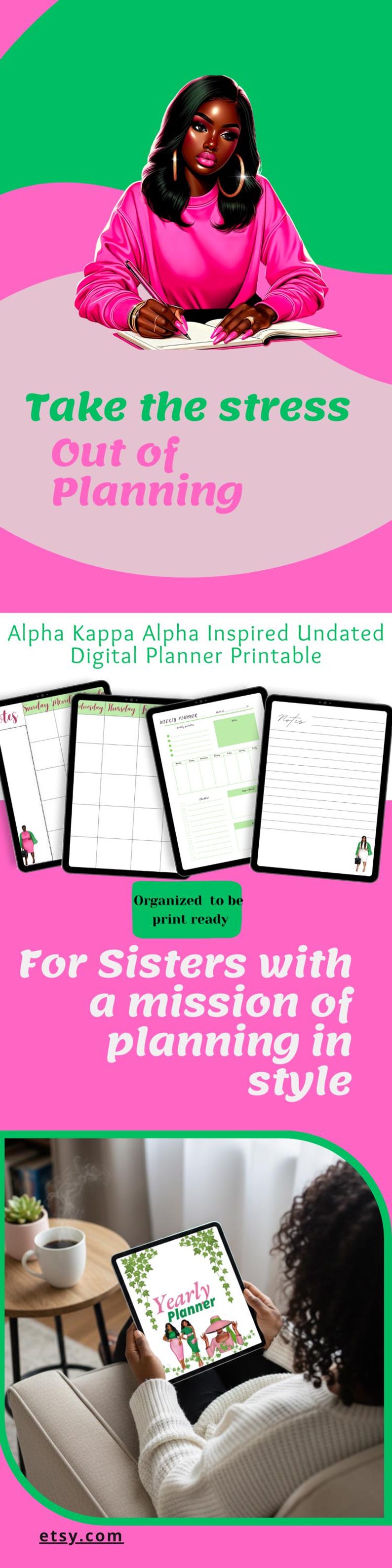 AKA Themed Yearly Planner (pink, Green) – Sorority Inspired ...