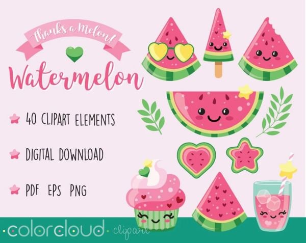 Watermelon Clipart, Instant Download, Watermelon Graphics, Summer ...