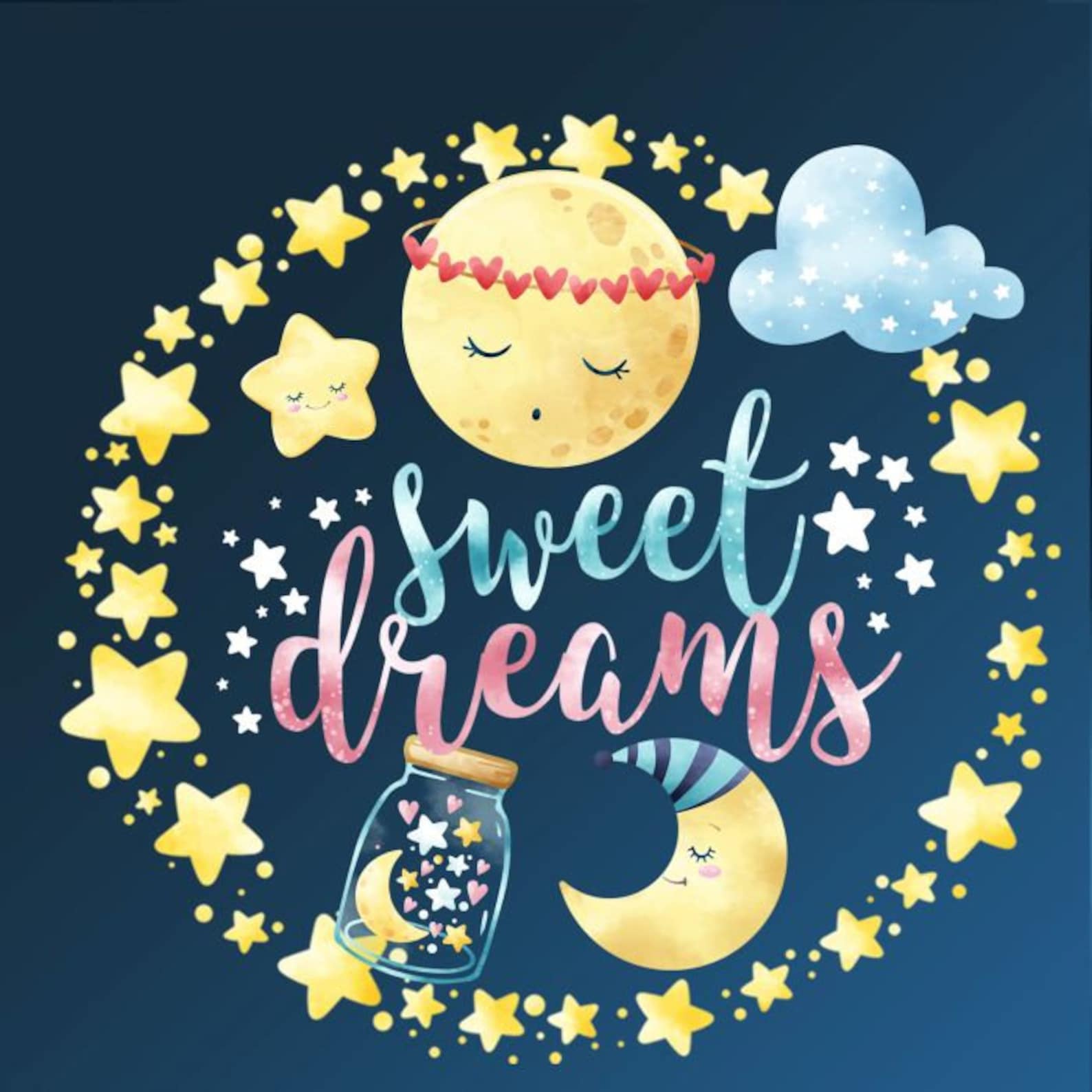 Watercolor Good Night Clip Art Sweet Dreams Clipart Moon - Etsy