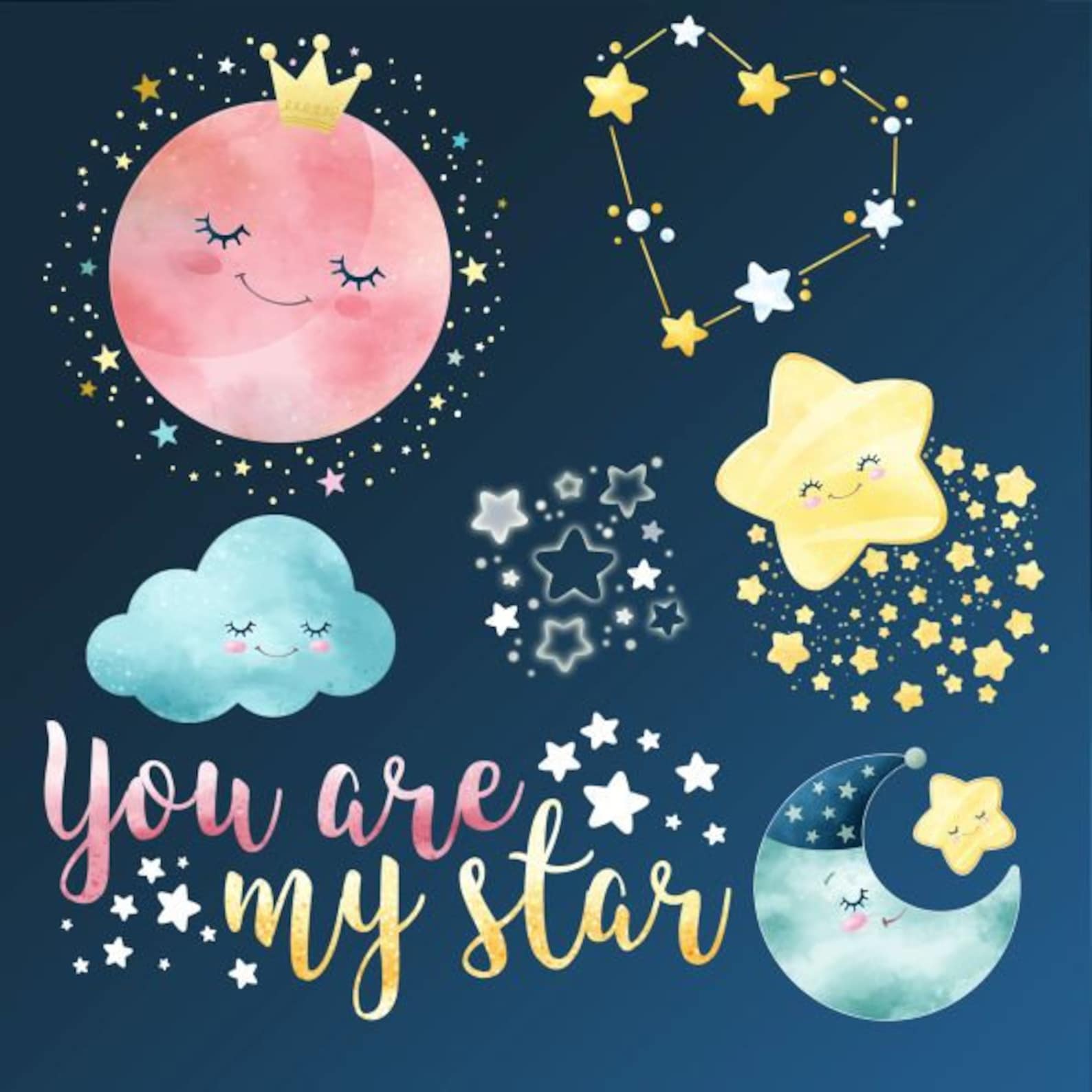 Watercolor Good Night Clip Art Sweet Dreams Clipart Moon - Etsy