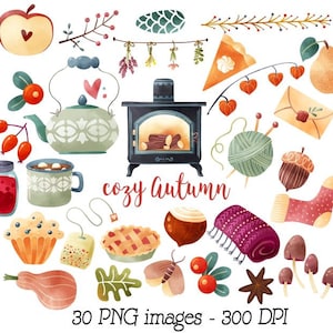 Cozy Autumn Clipart: Watercolor Fall Illustration (PNG Instant Download ...
