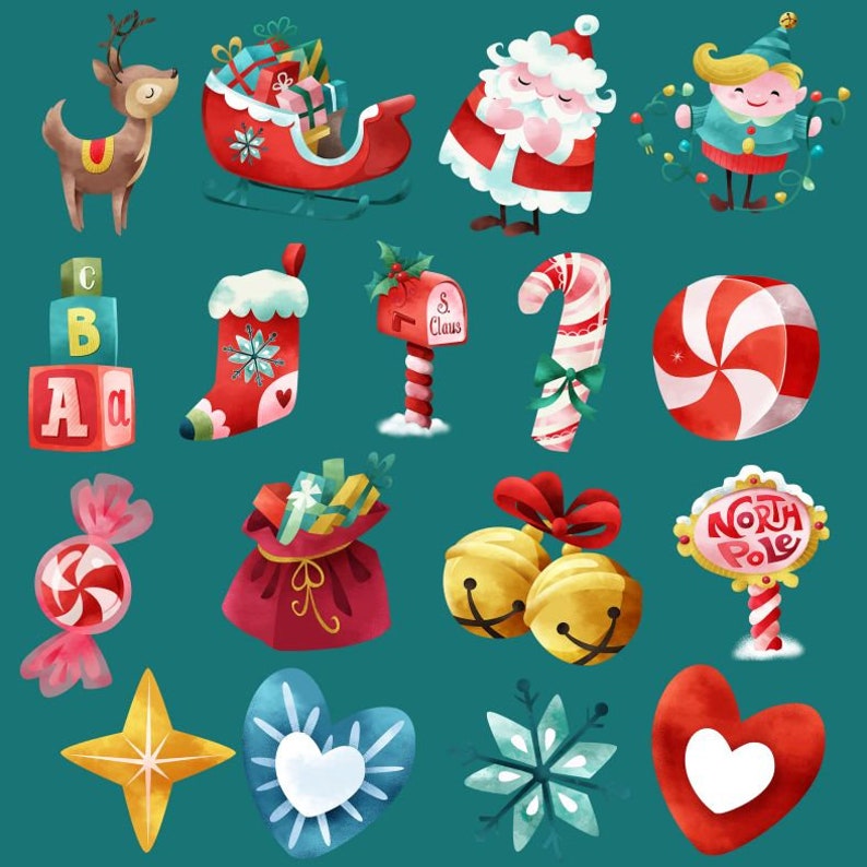 North Pole Christmas Clipart Illustration Watercolor Santa Reindeer Candy Cane Commercial And