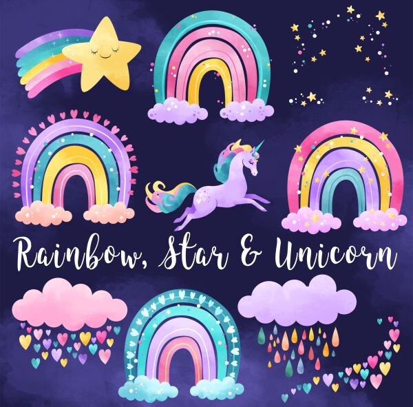 Rainbow Unicorn Colorful Clipart Illustration, Star, Hearts Commercial ...